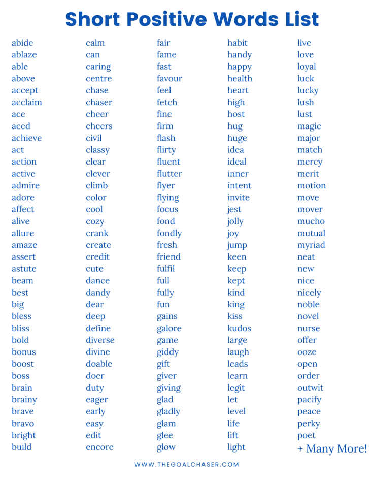 Short Positive Words List - The Goal Chaser