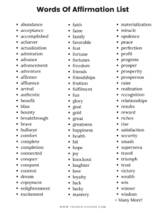 Affirmation Words List - 100 Positive Affirmation Words - The Goal Chaser